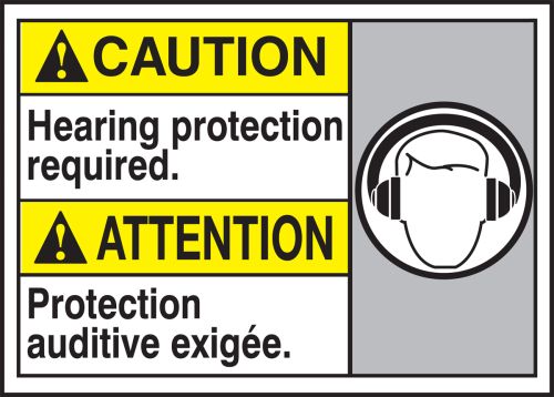 Hearing Protection Required Bilingual ANSI Caution Safety Sign MAFC619