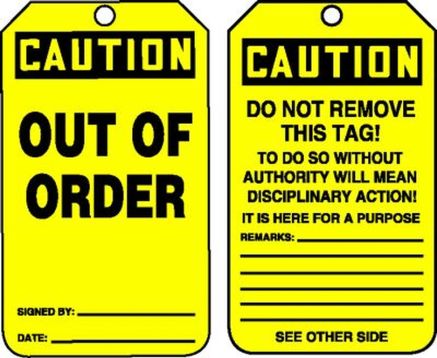 Out Of Order OSHA Caution Safety Tag MDT608
