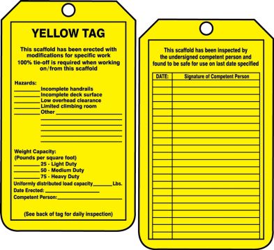 Yellow Tag Scaffold Status Safety Tag TRS208