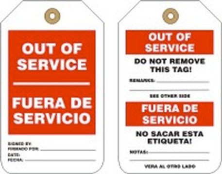 Out Of Service Spanish Bilingual Lockout Tag TSP505