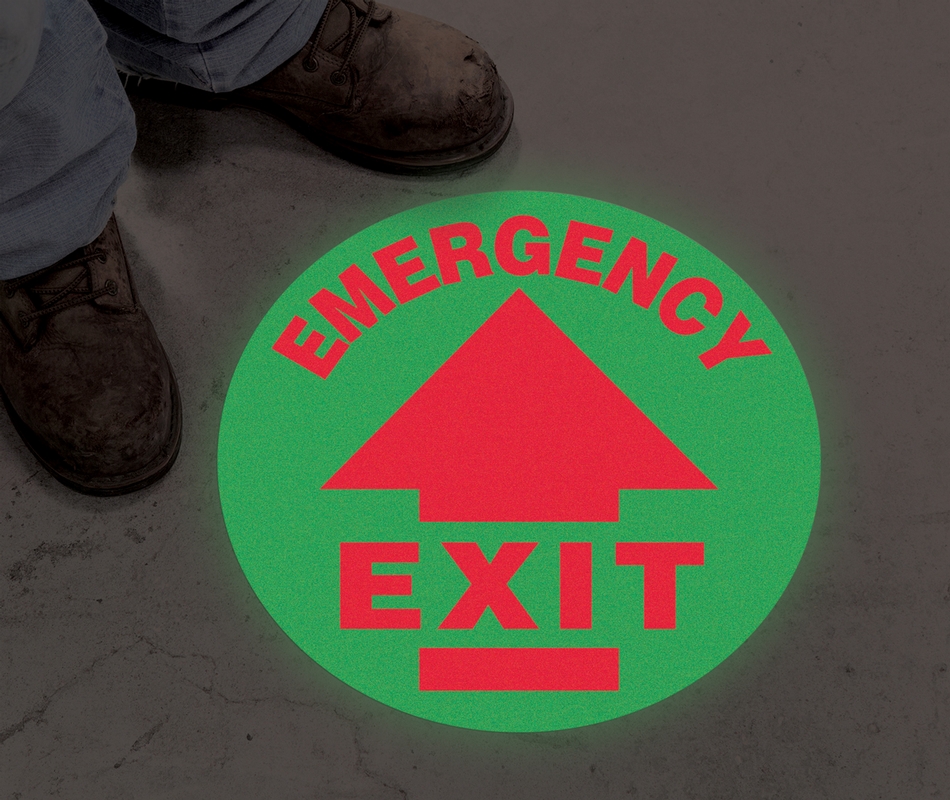 Emergency Exit (Arrow) Glow-In-The-Dark Slip-Gard™ Floor Signs MFS761