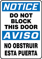 Do Not Block This Door Bilingual OSHA Notice Safety Sign SBMABR827